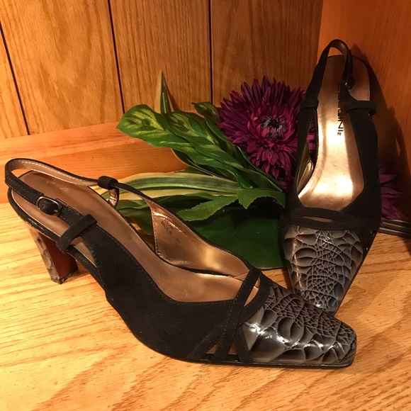 Bellini | Shoes | Bellini Black Suede Grey Print Slingback Heels | Poshmark